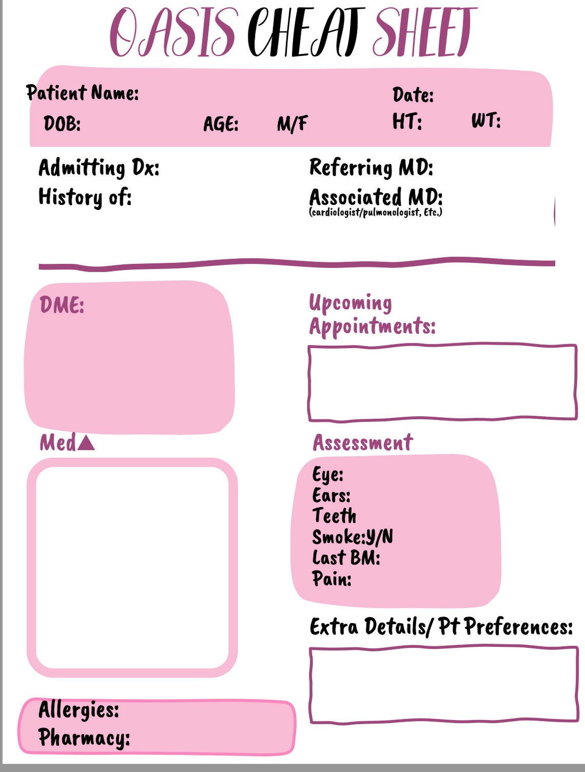 Home Health OASIS Cheat Sheet - Etsy