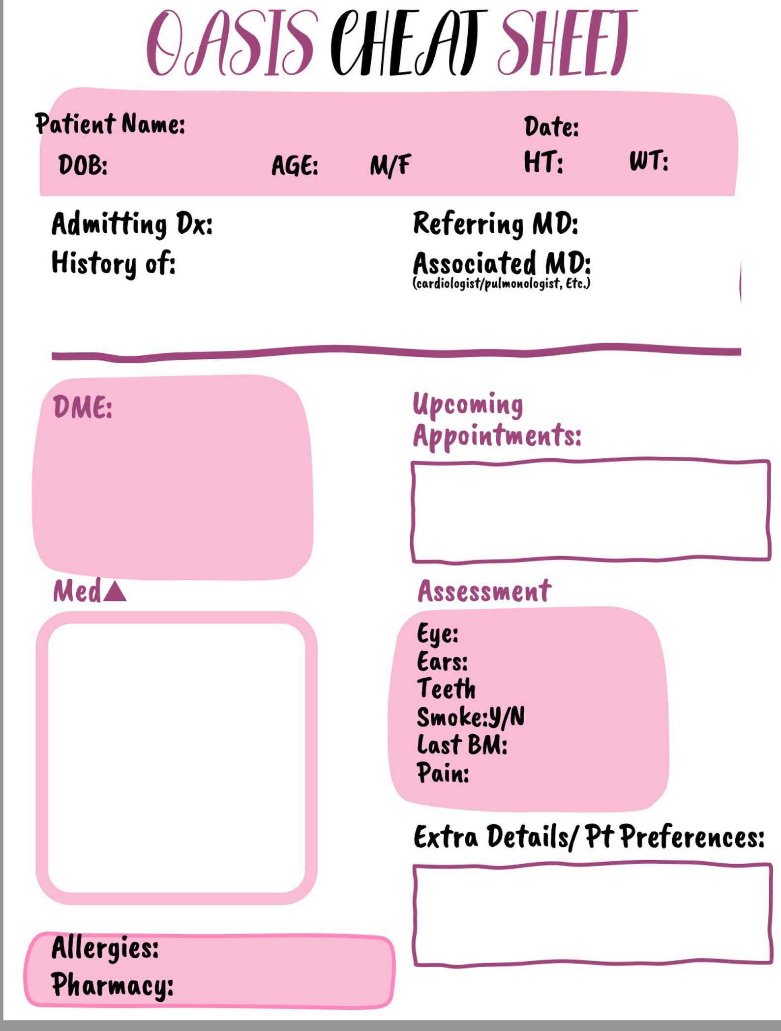 Home Health OASIS Cheat Sheet - Etsy