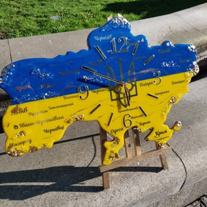 Wall Clock Patriotic Map of Ukraine With Cities Resin Clock Resinart ...