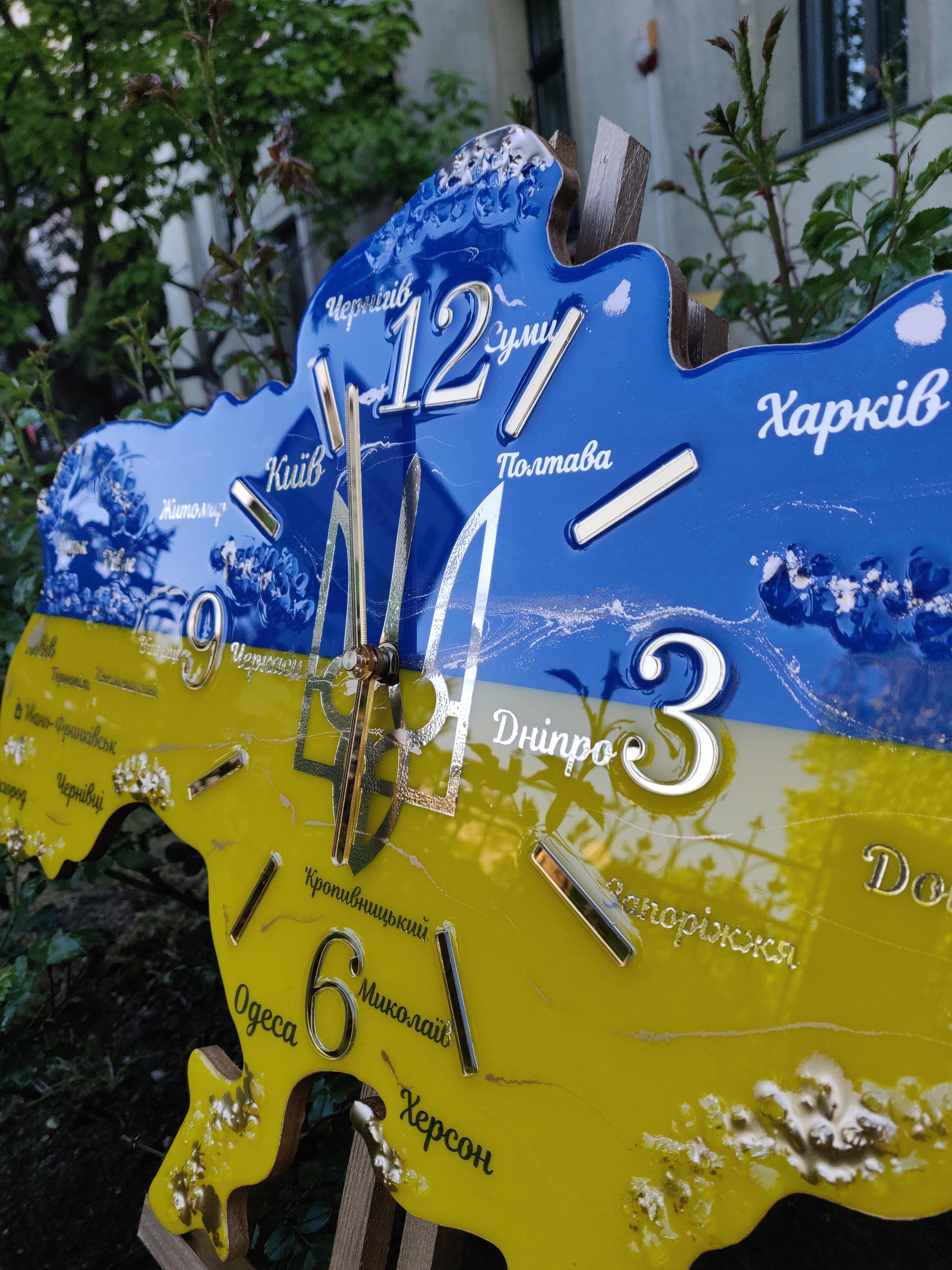 Wall Clock Patriotic Map of Ukraine With Cities Resin Clock Resinart ...