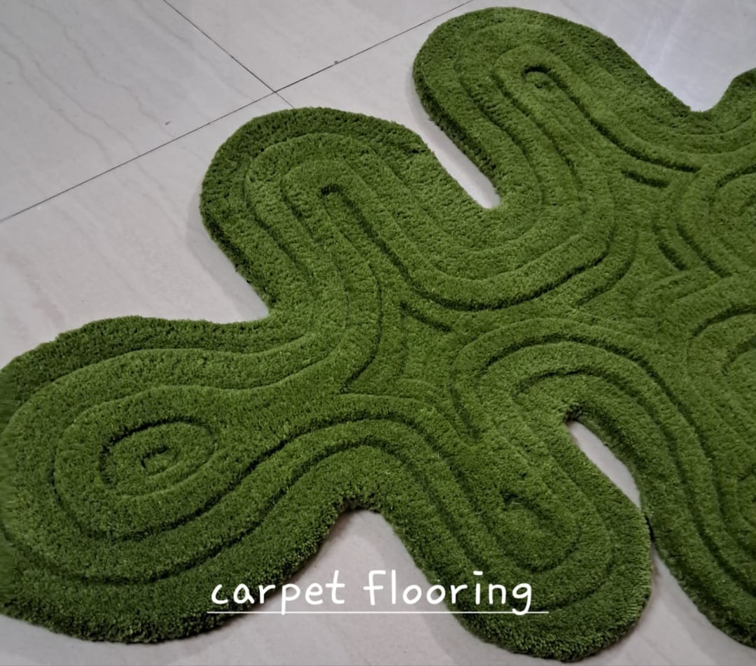 Irregular Shape Rug Green Waves Premium Quality Wool Handtufted Area ...