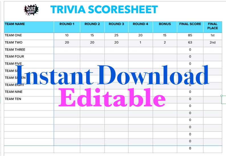 Trivia Scorekeeping Spreadsheet- Trivia Scorekeeper Editable- Trivia ...