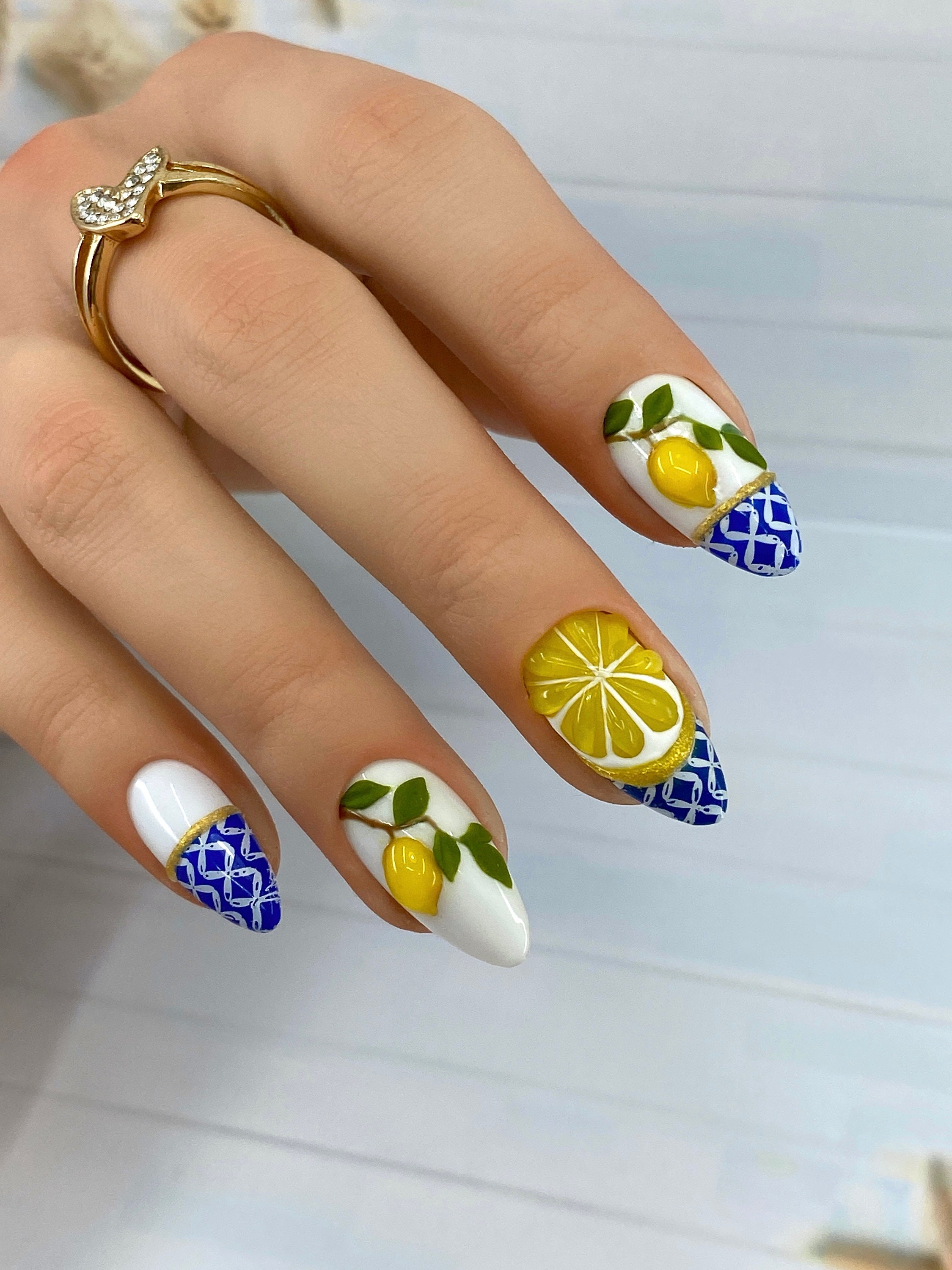 Lemon Nails/ Porcelain Summer Press on /trendy Fruity Nails /3D Limes ...