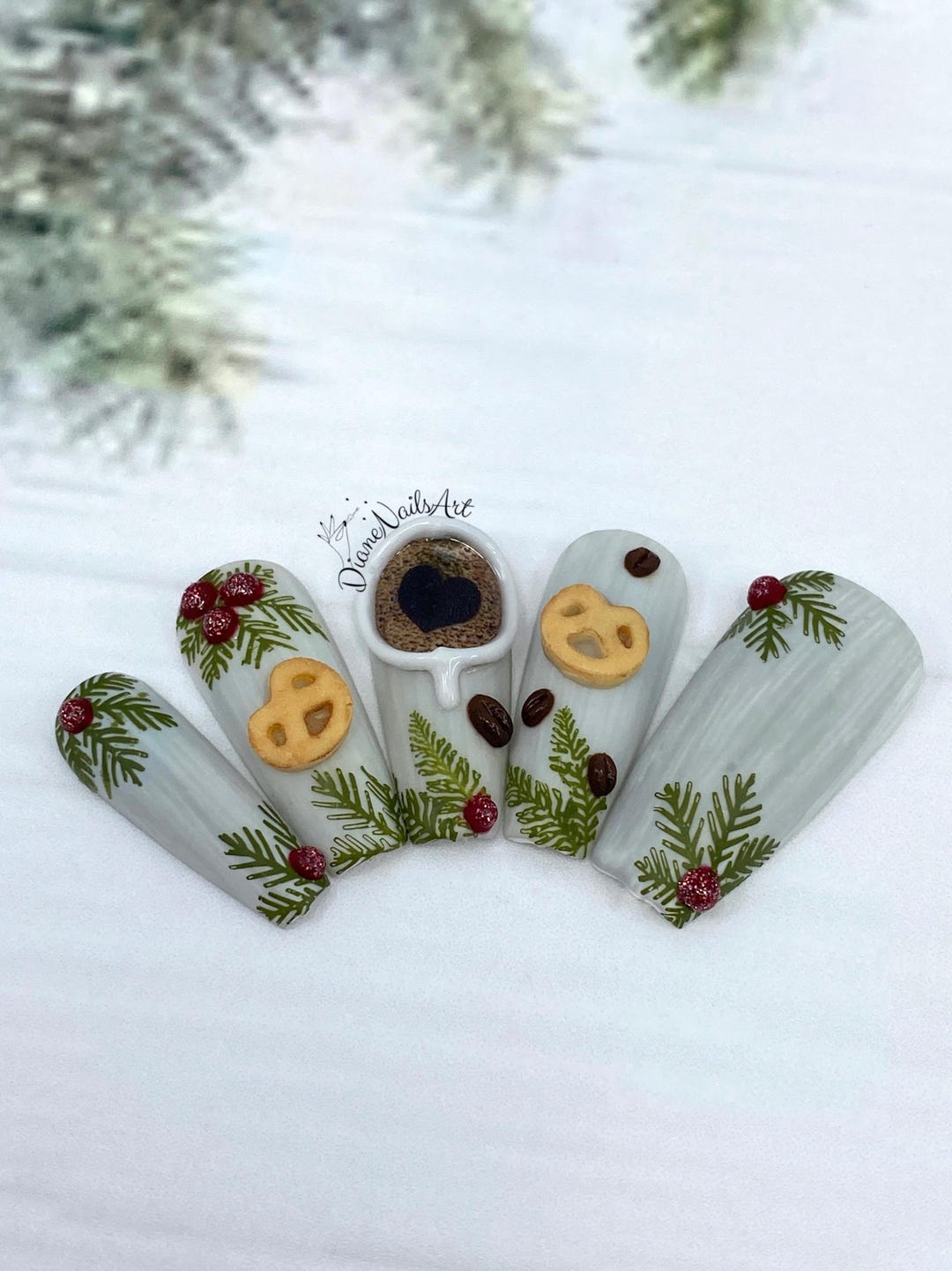 3D Coffee Nails/ Cozy Wintery Press on Nails/ Holiday Nail Art With ...