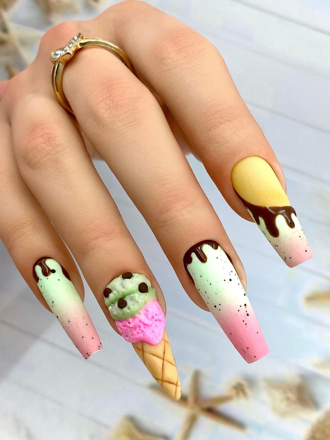 Ice Cream Cone Nails/ Summer Press on / Strawberry Mint Chocolate Nails ...