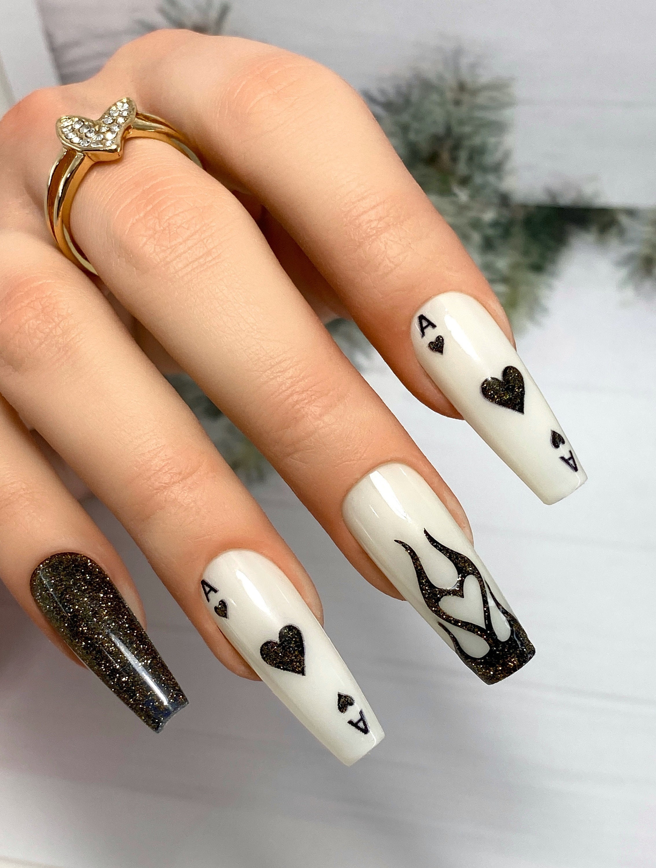 Black Ace of Hearts Nails/valentine Day Press On/poker Card Nails/black ...