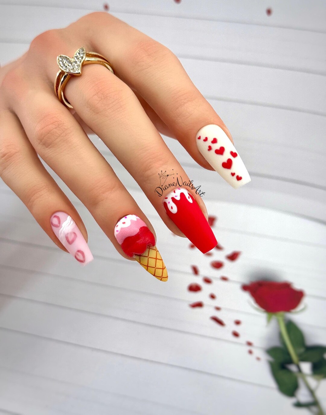 3D Ice Cream Cone Nails/ Hearts and Strawberry Press on Nails/ Day ...
