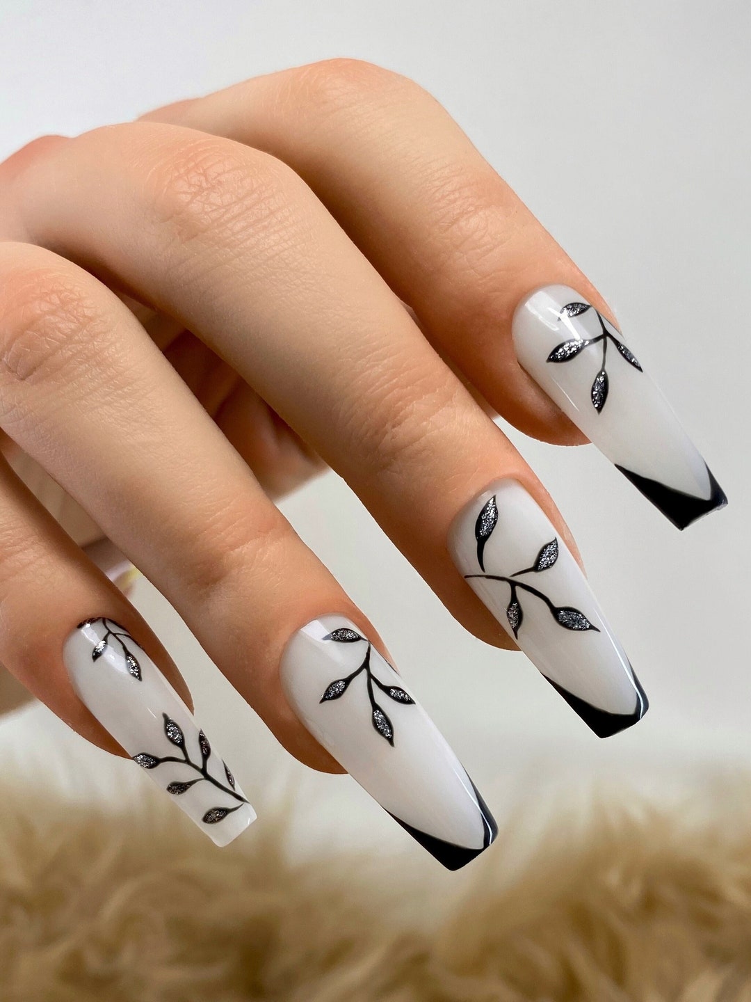 Milky White and Black Leaves Nails, Elegant Press on Nails, Black and White Press on Nails ...