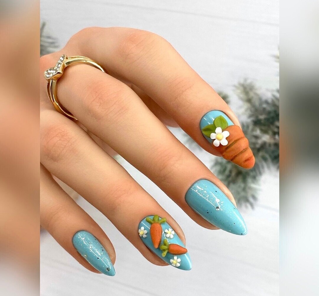3D Carrot Spring Nails/ Press on Nails / Elegant Press On/ 3D Flower ...
