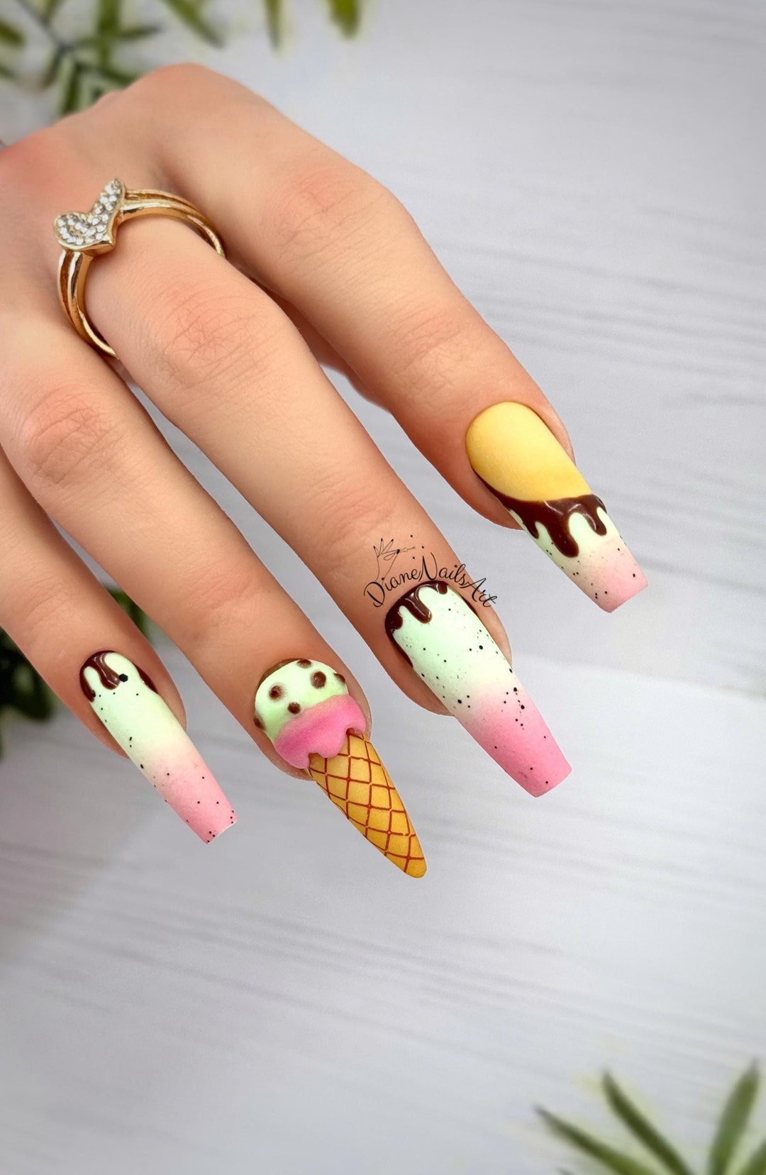 3D Ice Cream Cone Nails/ Summer Press on / Strawberry Mint Chocolate ...