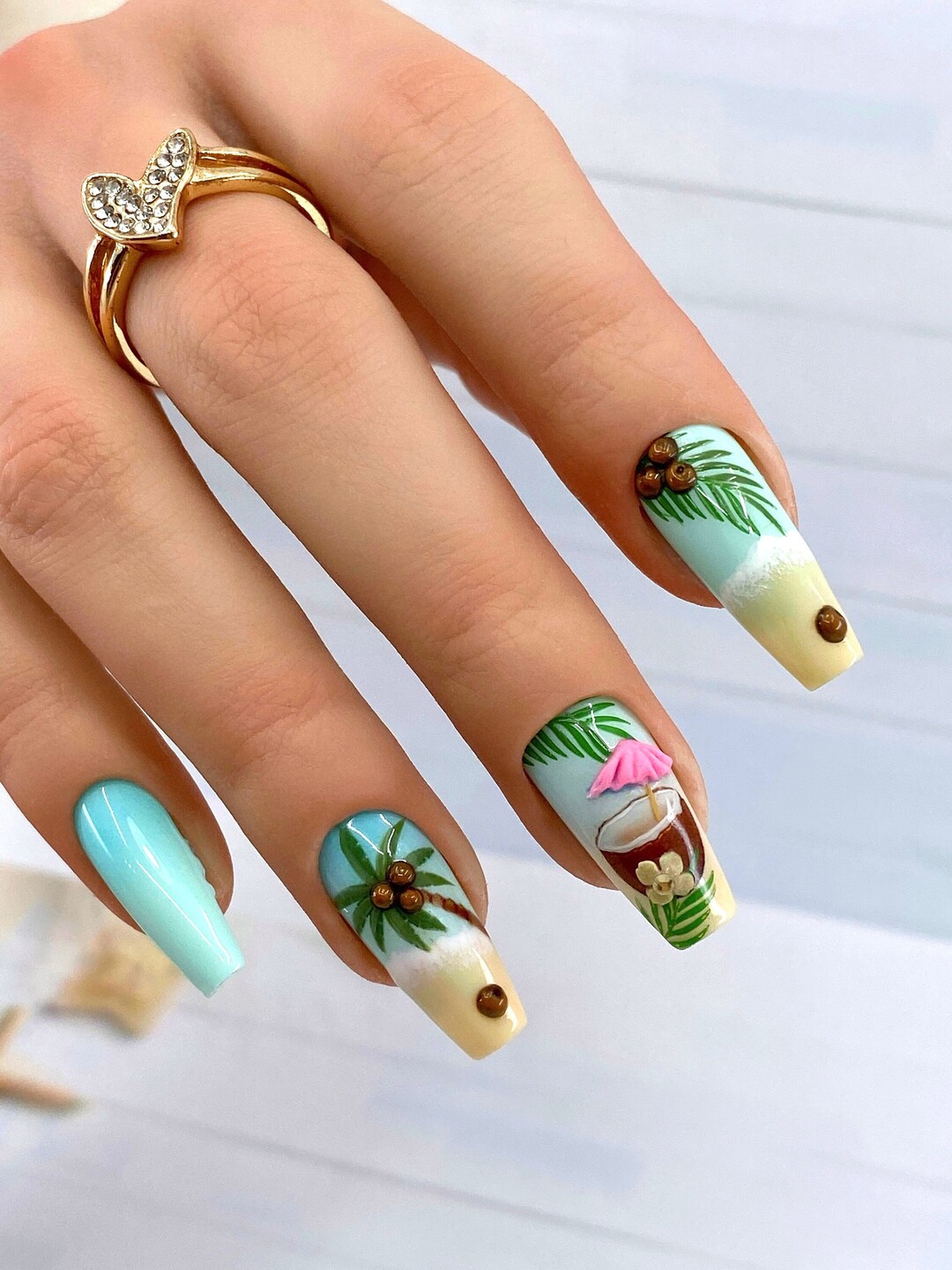 Coconut Cocktail Nails/ Coconut Palm Tree Beach Press on Nails, Coconut ...