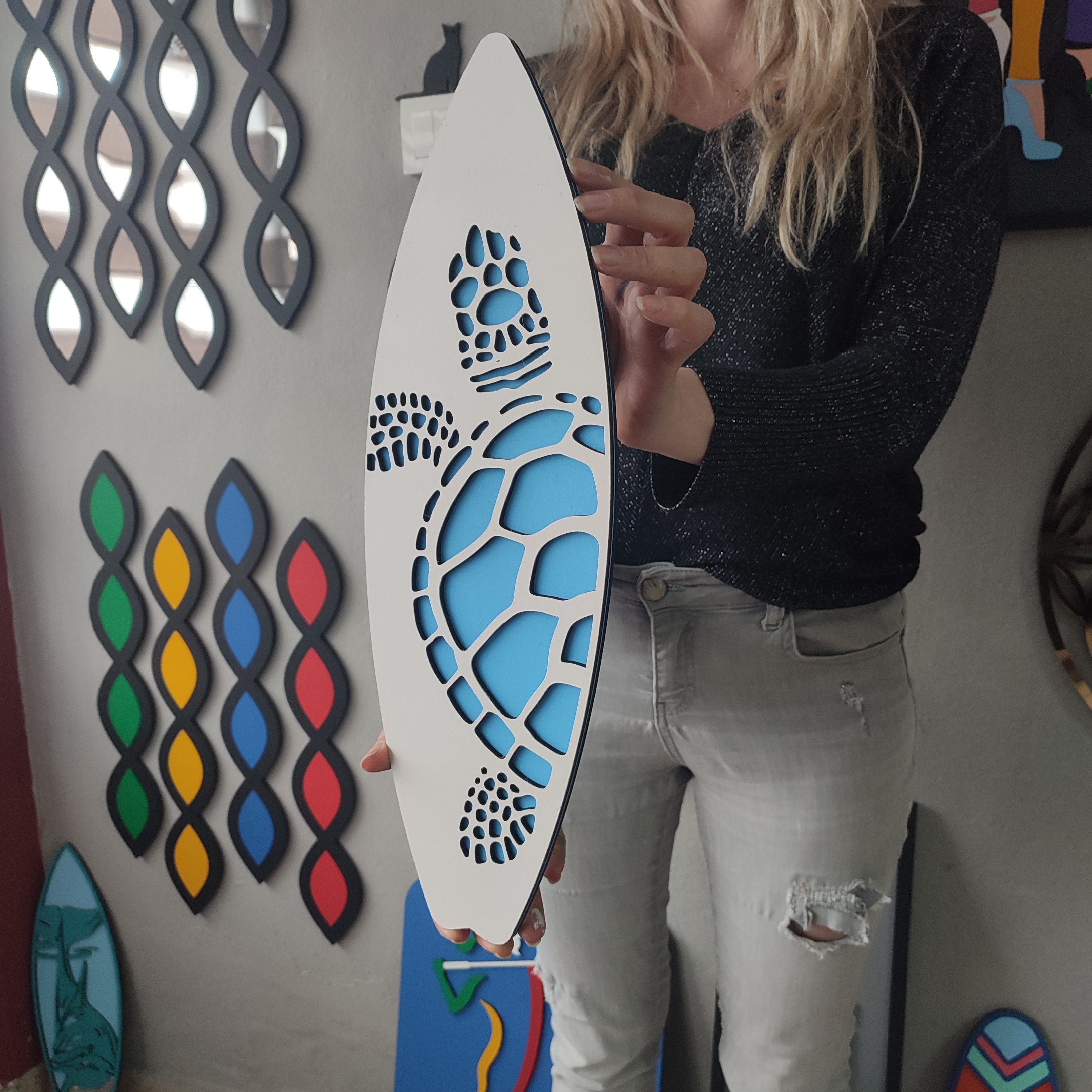 Surfboard Wall Art, Turtle Patterned Surfboard, Sea Turtle, Surfboard ...