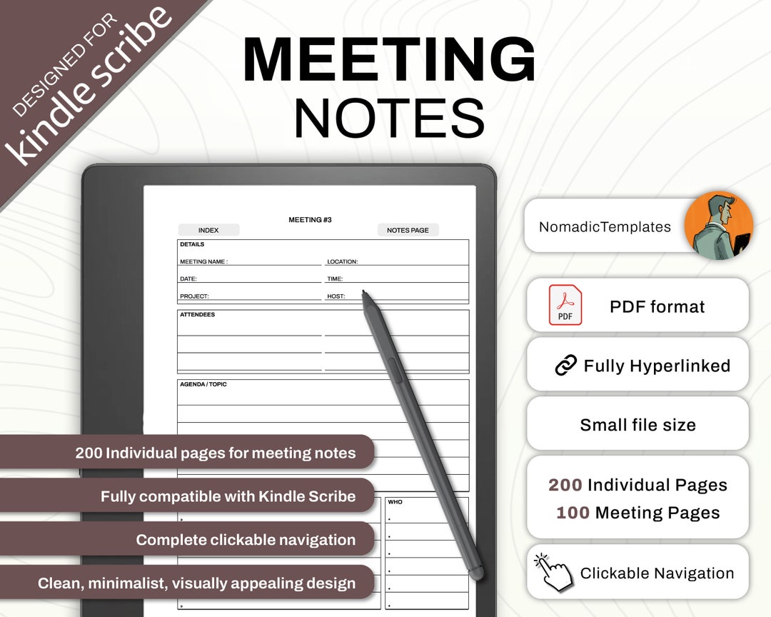 Kindle Scribe Meeting Notes Journal | Kindle Scribe Template | Meeting ...