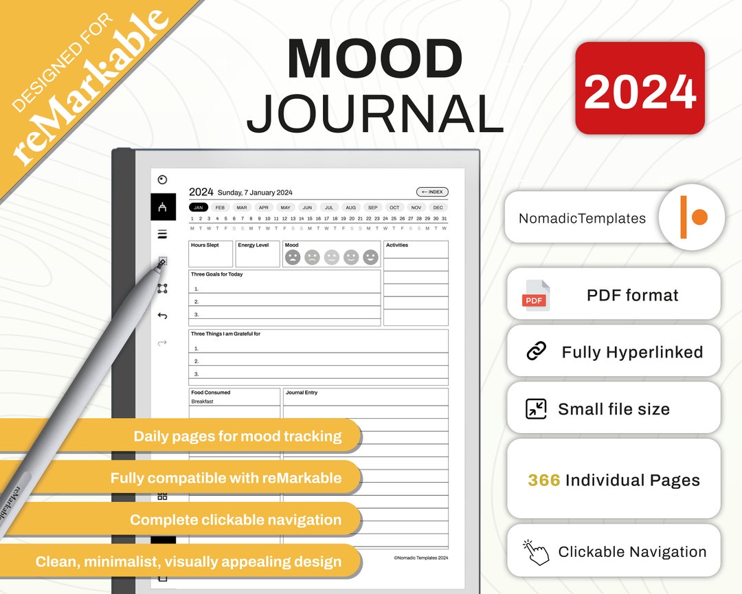 Remarkable 2024 Mood Tracker Journal, Daily Health & Wellness Diary ...