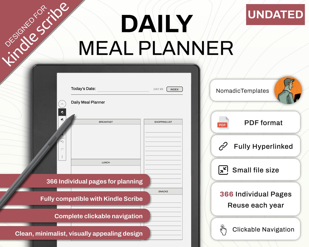 Kindle Scribe Meal Planner Recipe Food Tracker | 1 Year | 366 Days ...