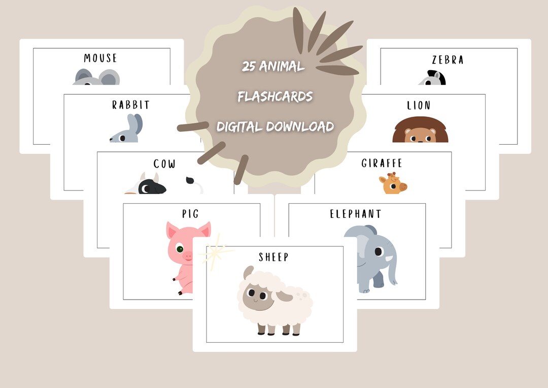 25 Animal Flashcards/ Flashcards Animal ENGLISH Learning/ Kindergarden ...