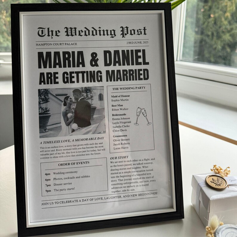 Modern Wedding Newspaper With Photo Frame Elegant A4 Wedding Keepsake ...