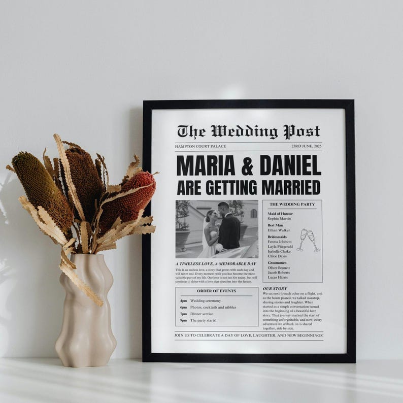 Modern Wedding Newspaper With Photo Frame Elegant A4 Wedding Keepsake ...