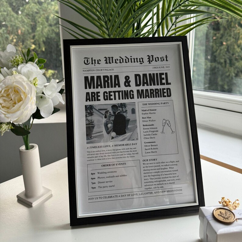 Modern Wedding Newspaper With Photo Frame Elegant A4 Wedding Keepsake ...