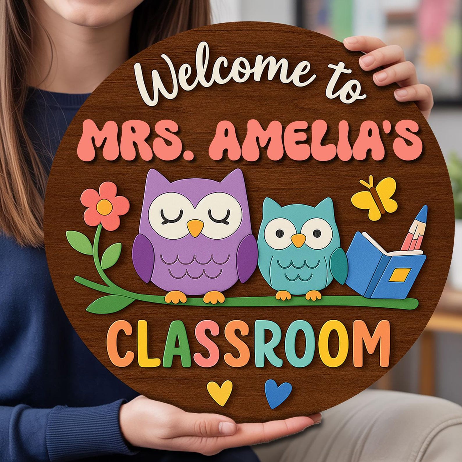 Personalized 3D Owl Teacher Name Door Sign, Custom Teacher Door Hanger ...