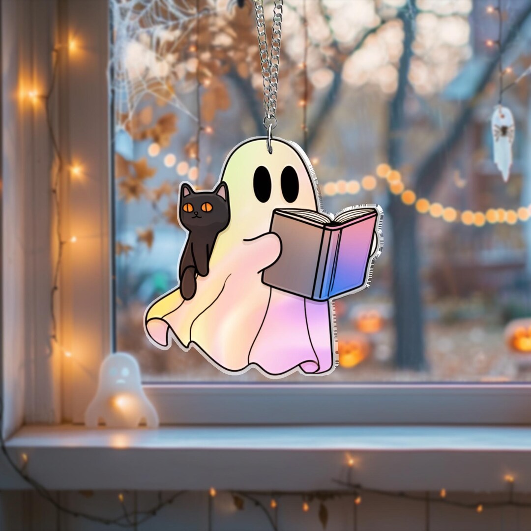 Hologram Ghost Suncatcher, Black Cat With Ghost Wall Hanging, Ghost ...