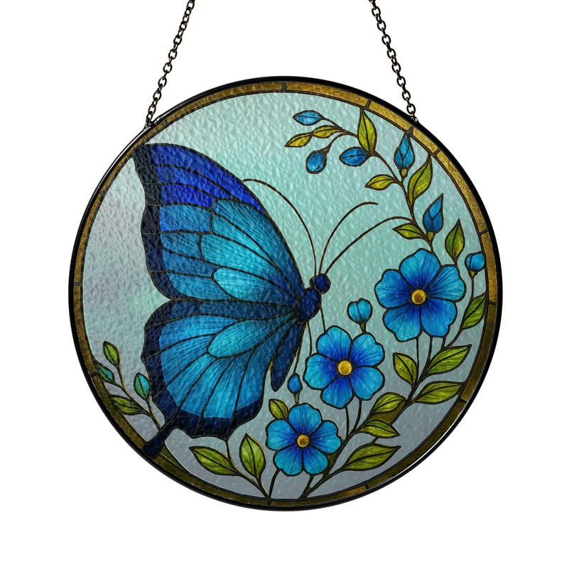 Blue Butterfly Stained Glass Suncatcher, Butterfly and Flower Window ...