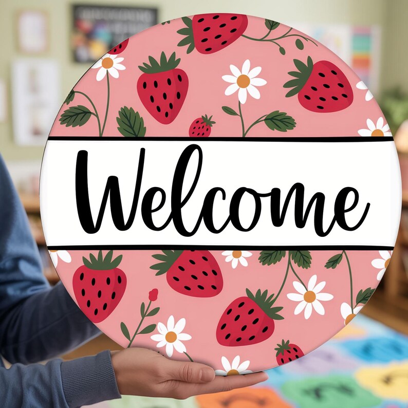 Custom Strawberry Welcome Front Door Sign, Spring Summer Flower Wooden ...