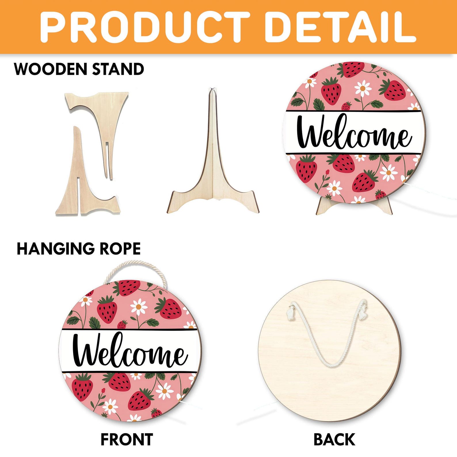 Custom Strawberry Welcome Front Door Sign, Spring Summer Flower Wooden ...