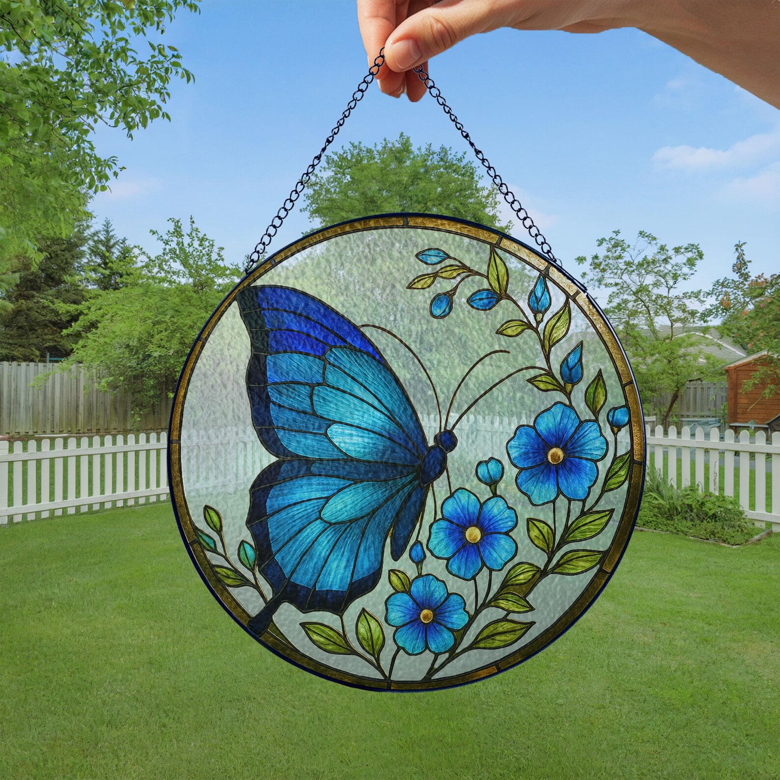 Blue Butterfly Stained Glass Suncatcher, Butterfly and Flower Window ...