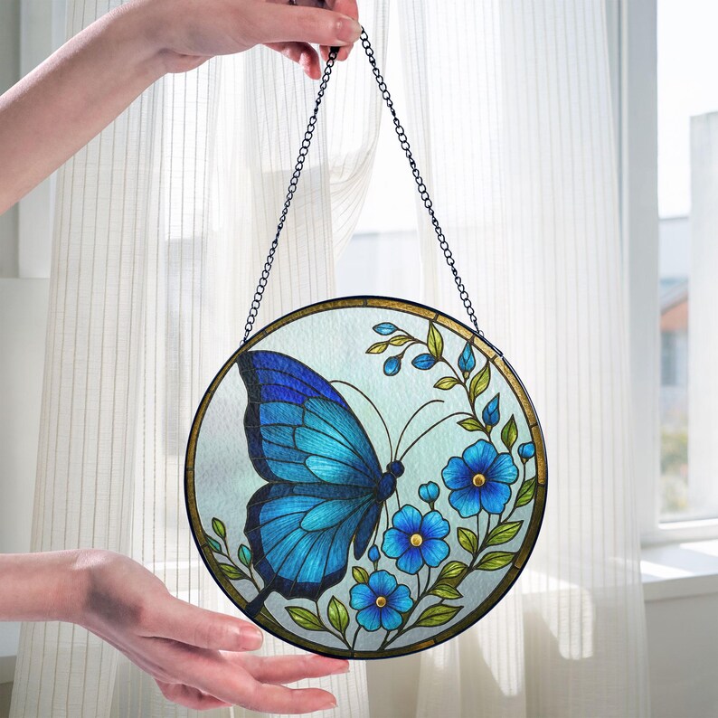 Blue Butterfly Stained Glass Suncatcher, Butterfly and Flower Window ...
