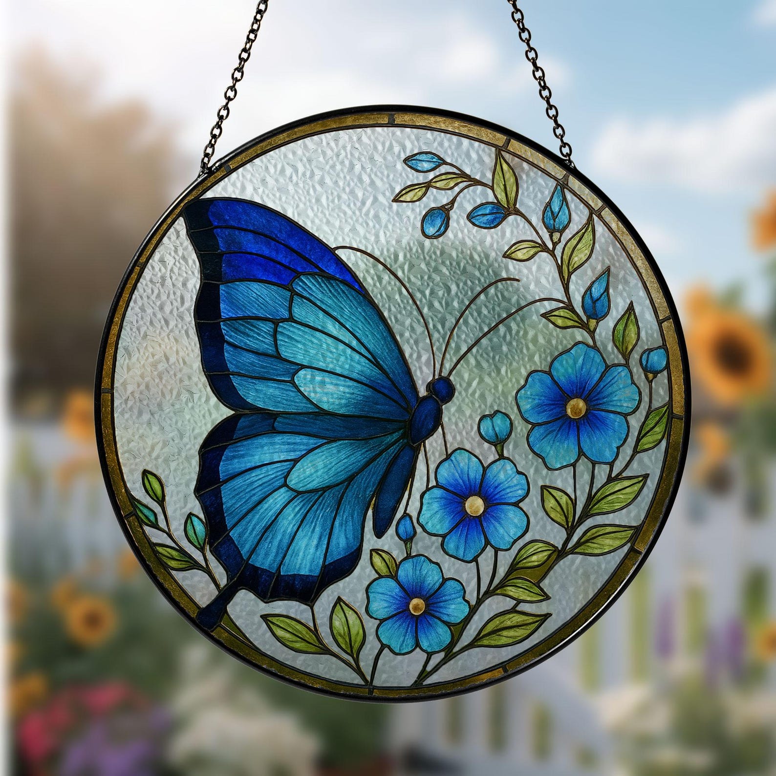 Blue Butterfly Stained Glass Suncatcher, Butterfly and Flower Window ...