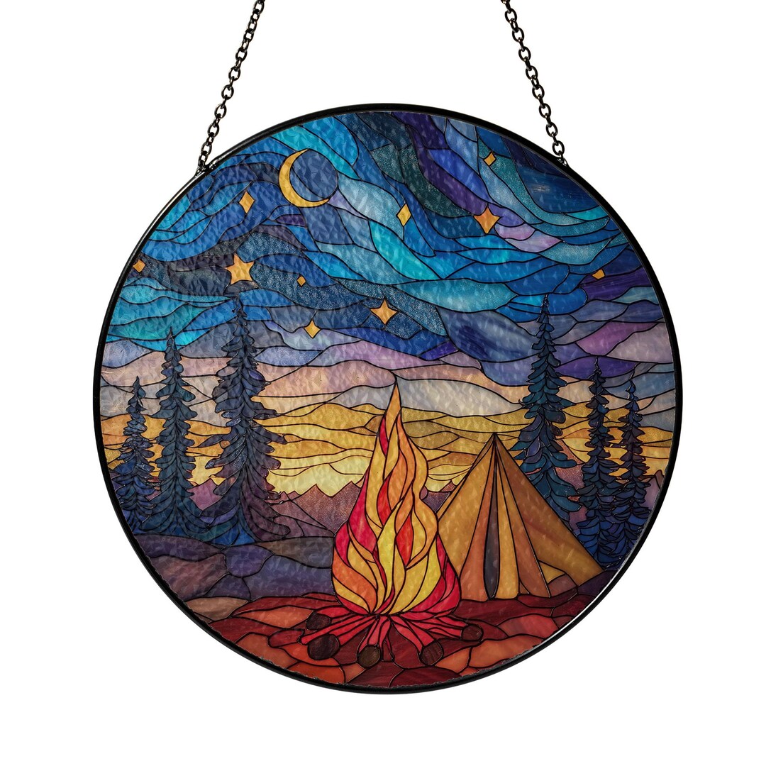 Camp Fire Stained Glass Suncatcher, Starry Night Window Hanger, Moon ...