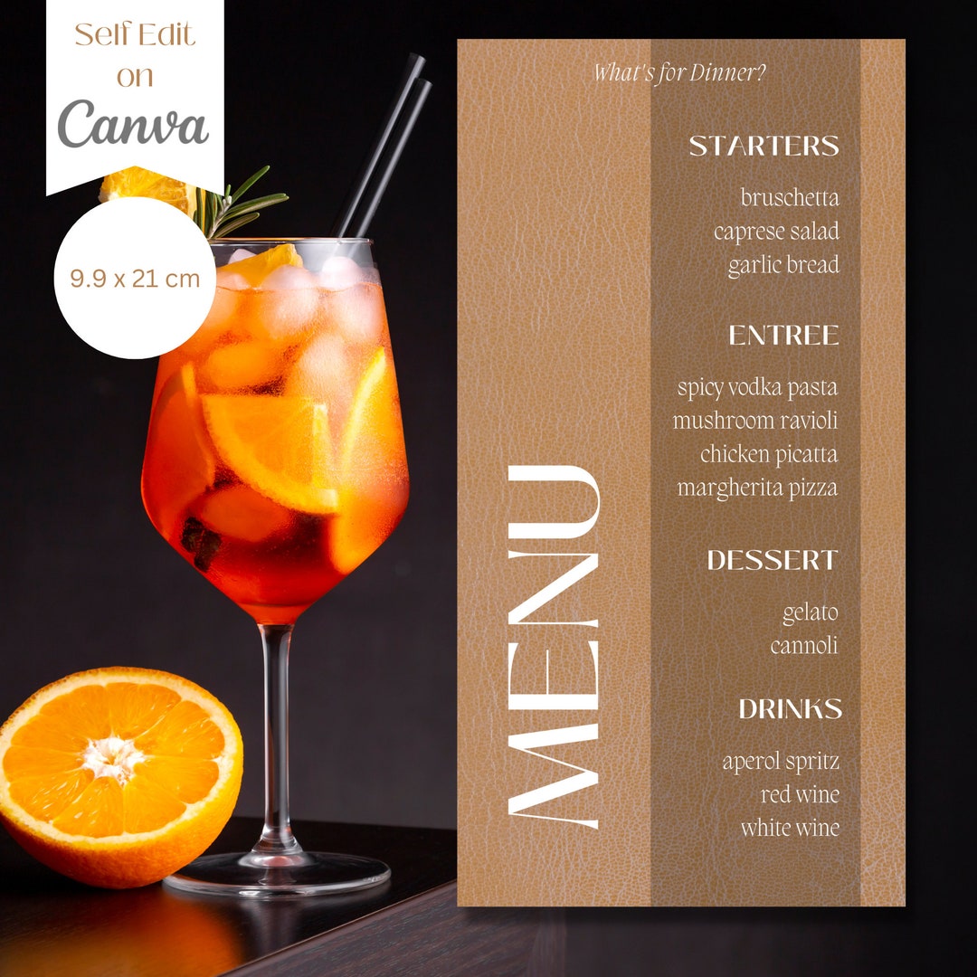 Dinner Menu Template, Editable and Printable, Instant Download, Drinks ...