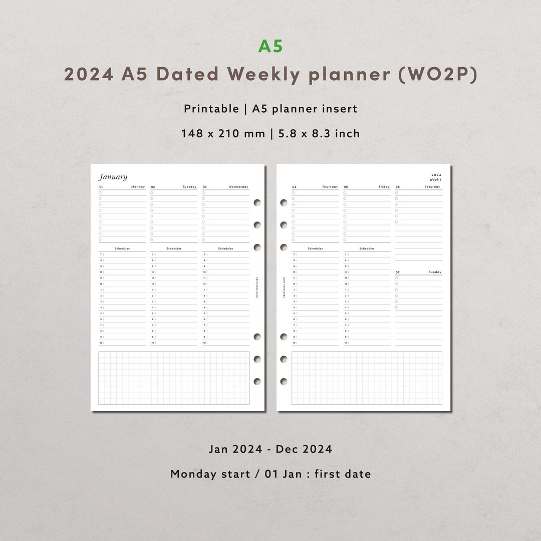 Printable 2024 Dated Weekly Planner Insert for A5 Planner - Etsy