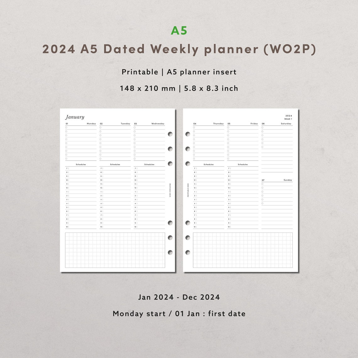 Printable 2024 Dated Weekly Planner Insert for A5 Planner - Etsy