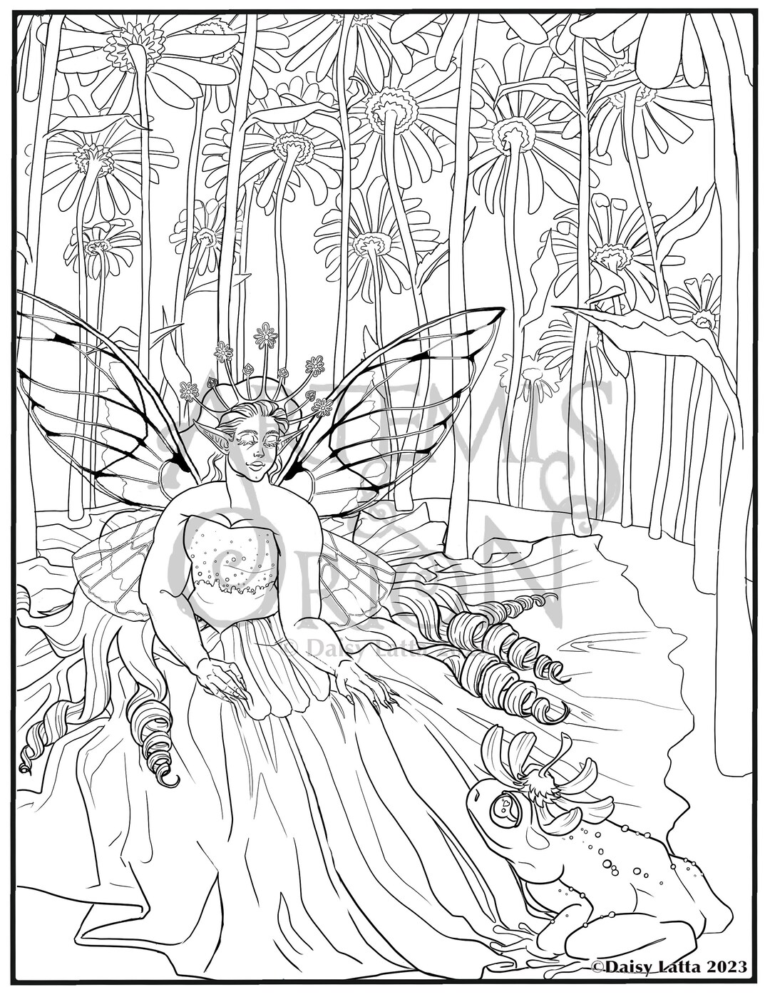 Fantasy Coloring Page Fairy Tale Illustration "the Daisy Queen" - Etsy