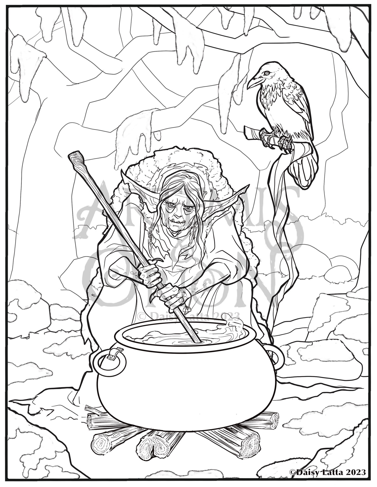 Fantasy Coloring Page Fairy Tale Illustration scald Crow Hag - Etsy