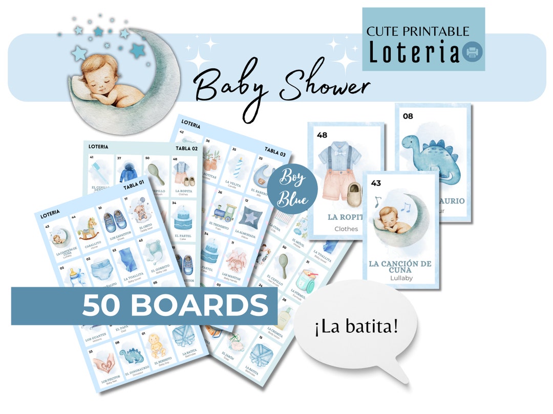 Boy Baby Shower Loteria- Baby Bingo, Boy, Blue, Baby Shower,50 Boards ...