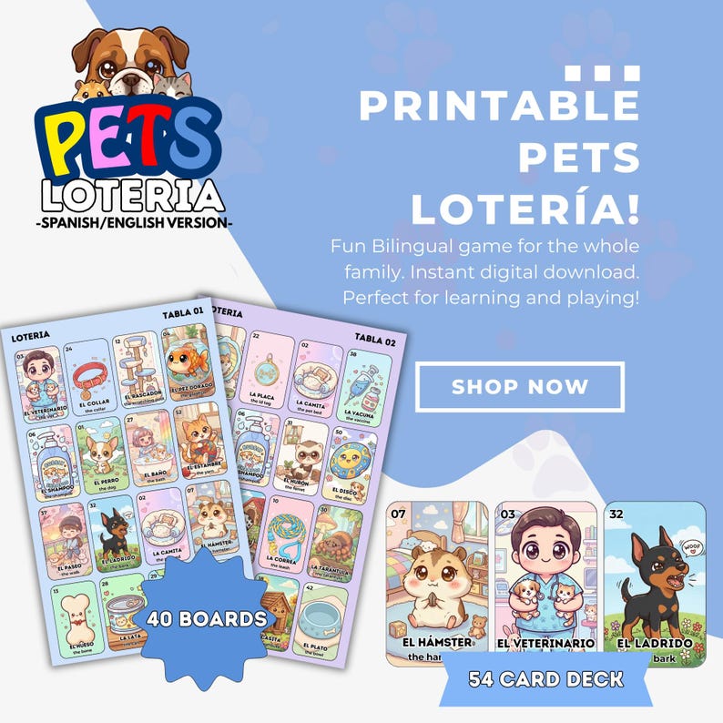 Printable Pets Lotería – Bilingual Spanish/english Bingo Game (40 ...