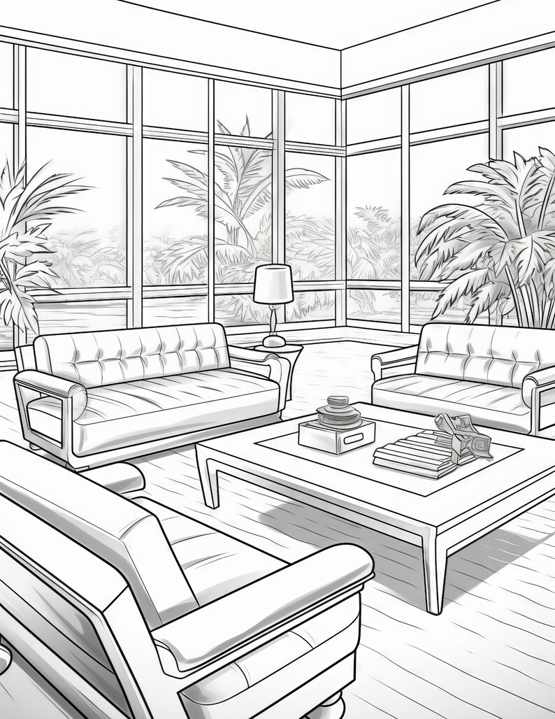 Interior Rooms Adult Coloring Pages, Printable Coloring Pages, Interior ...