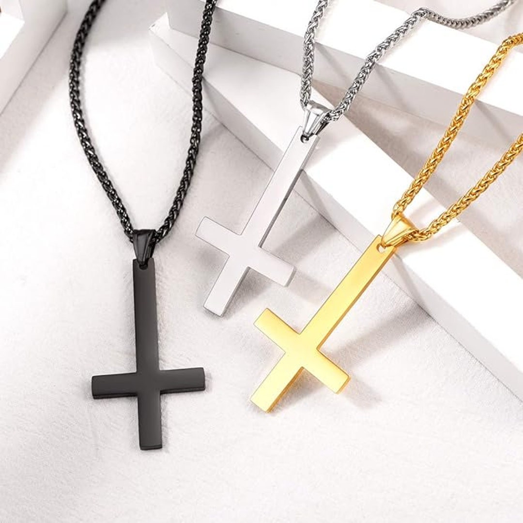 Inverted Cross Necklace | Upside Down Cross Black Necklace | Stainless ...