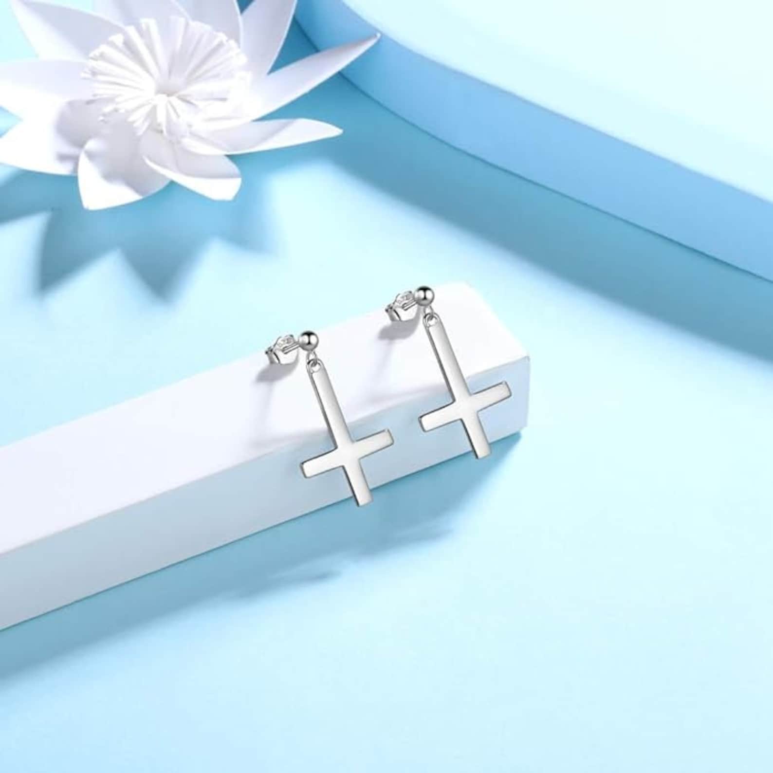 Inverted Cross Stud Earrings | Upside Down Cross Stud Earrings | Black ...