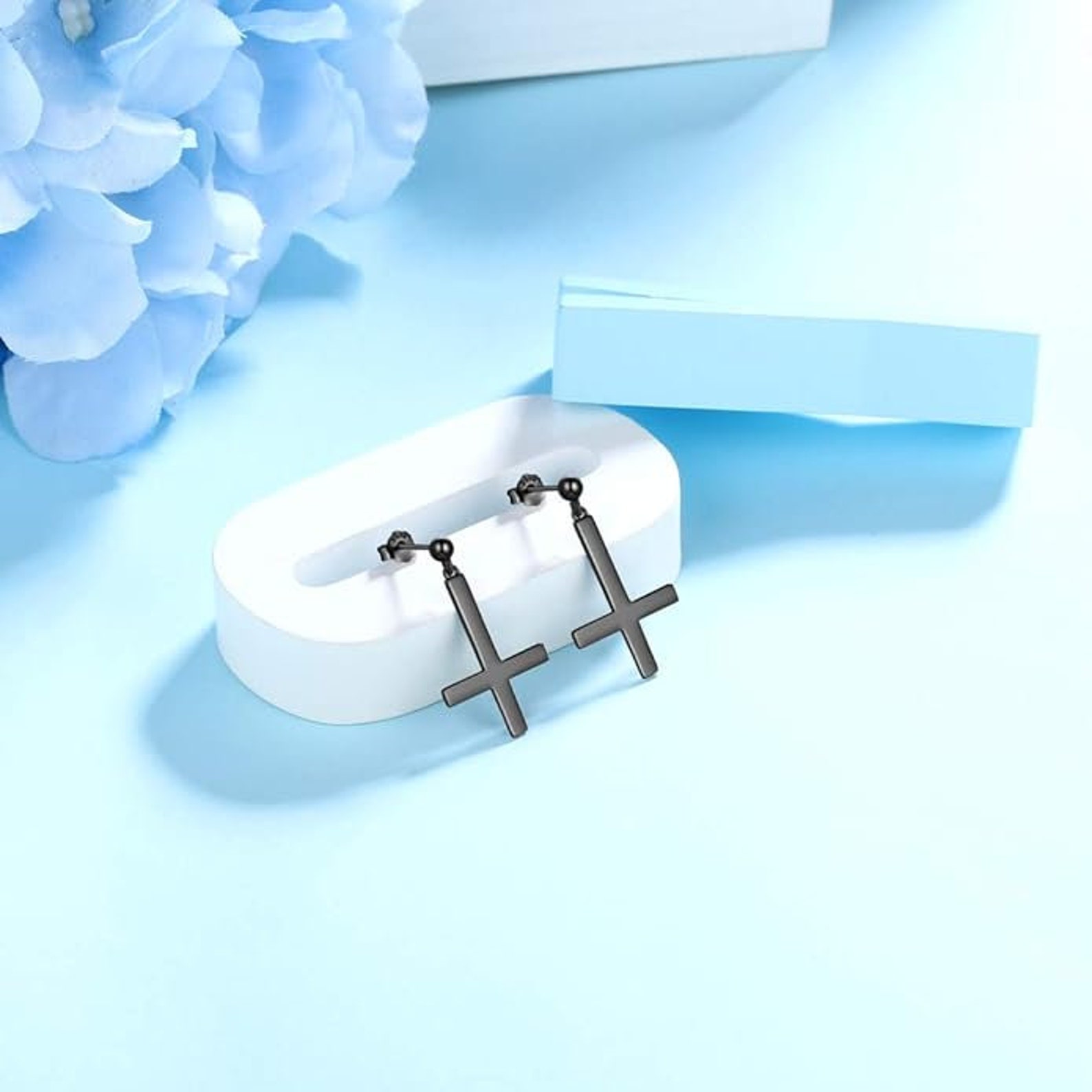 Inverted Cross Stud Earrings | Upside Down Cross Stud Earrings | Black ...