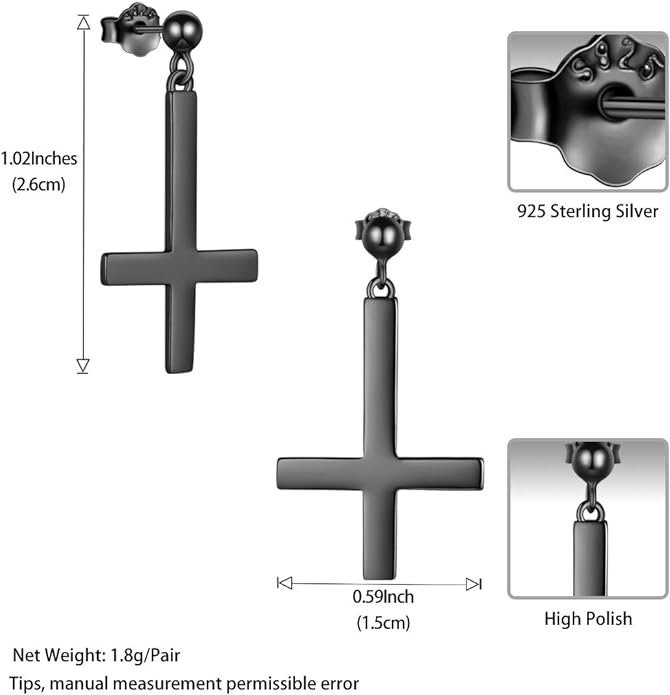 Inverted Cross Stud Earrings | Upside Down Cross Stud Earrings | Black ...