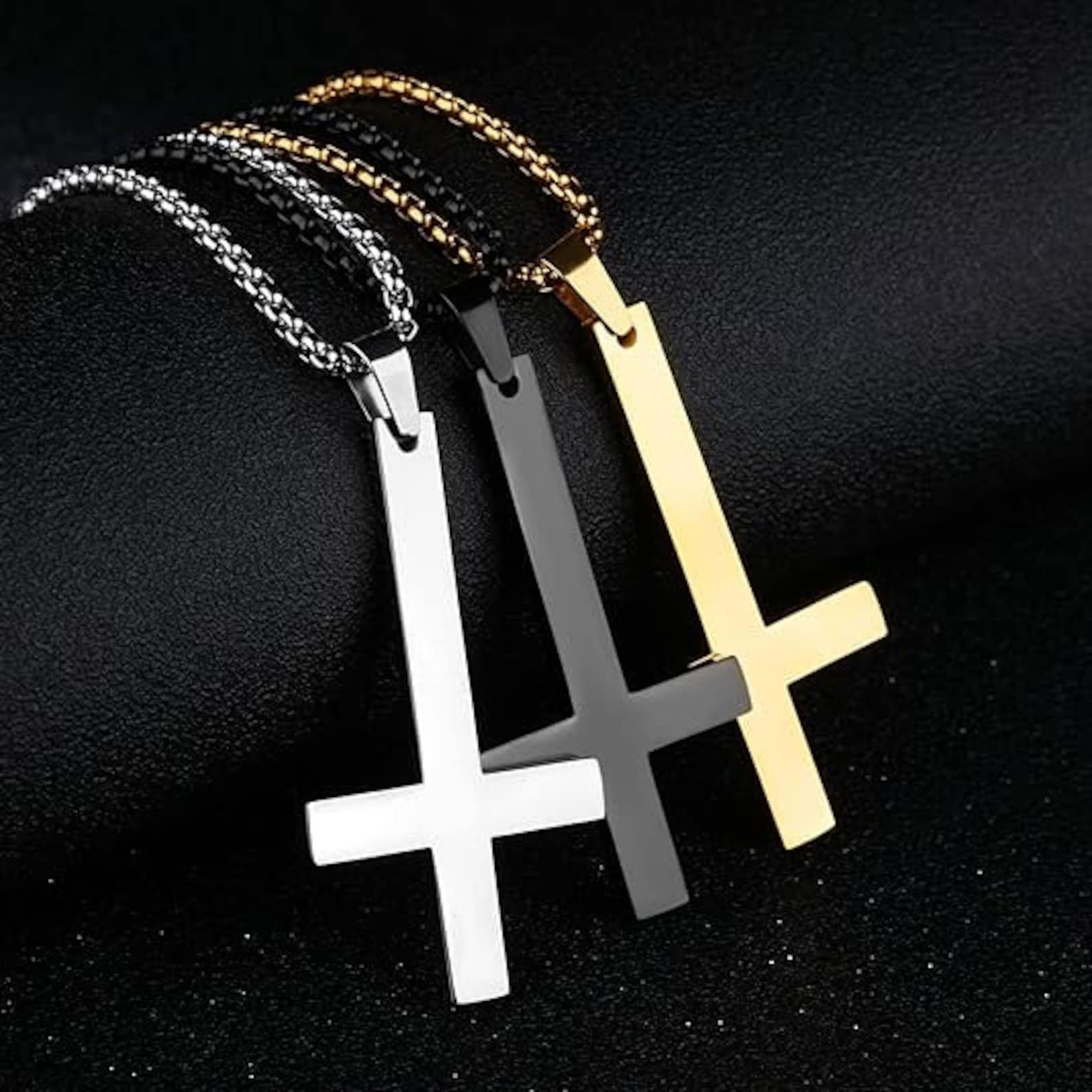 Inverted Cross Necklace | Upside Down Cross | Black, Gold, Silver ...