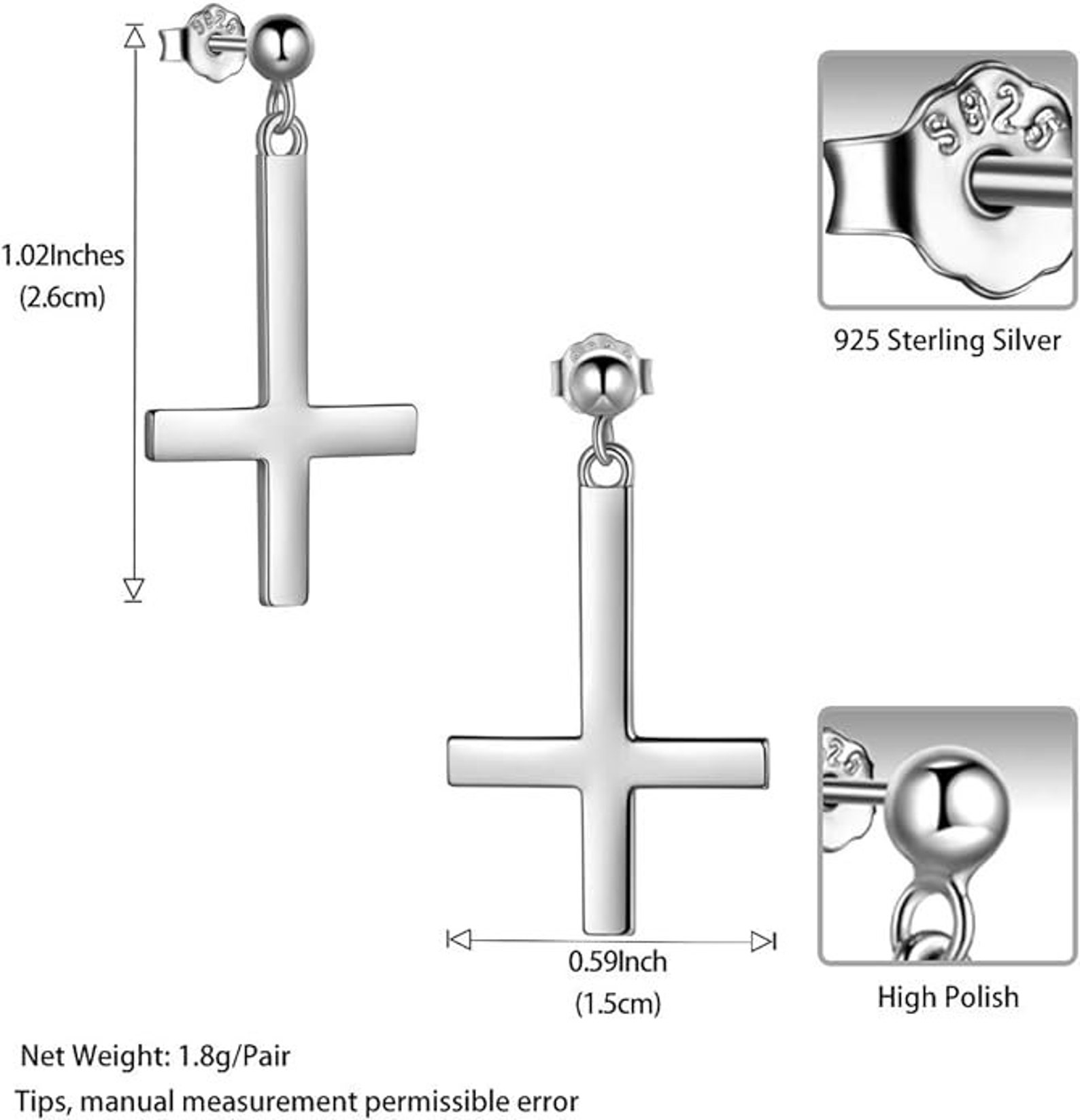 Inverted Cross Stud Earrings | Upside Down Cross Stud Earrings | Black ...