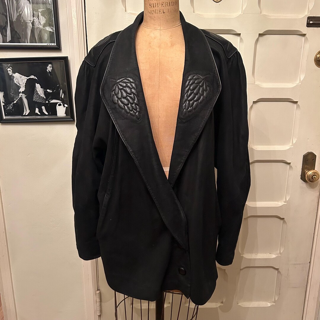 Vintage Black Suede Leather Jacket, Fruit Shoulder Adornments - Etsy