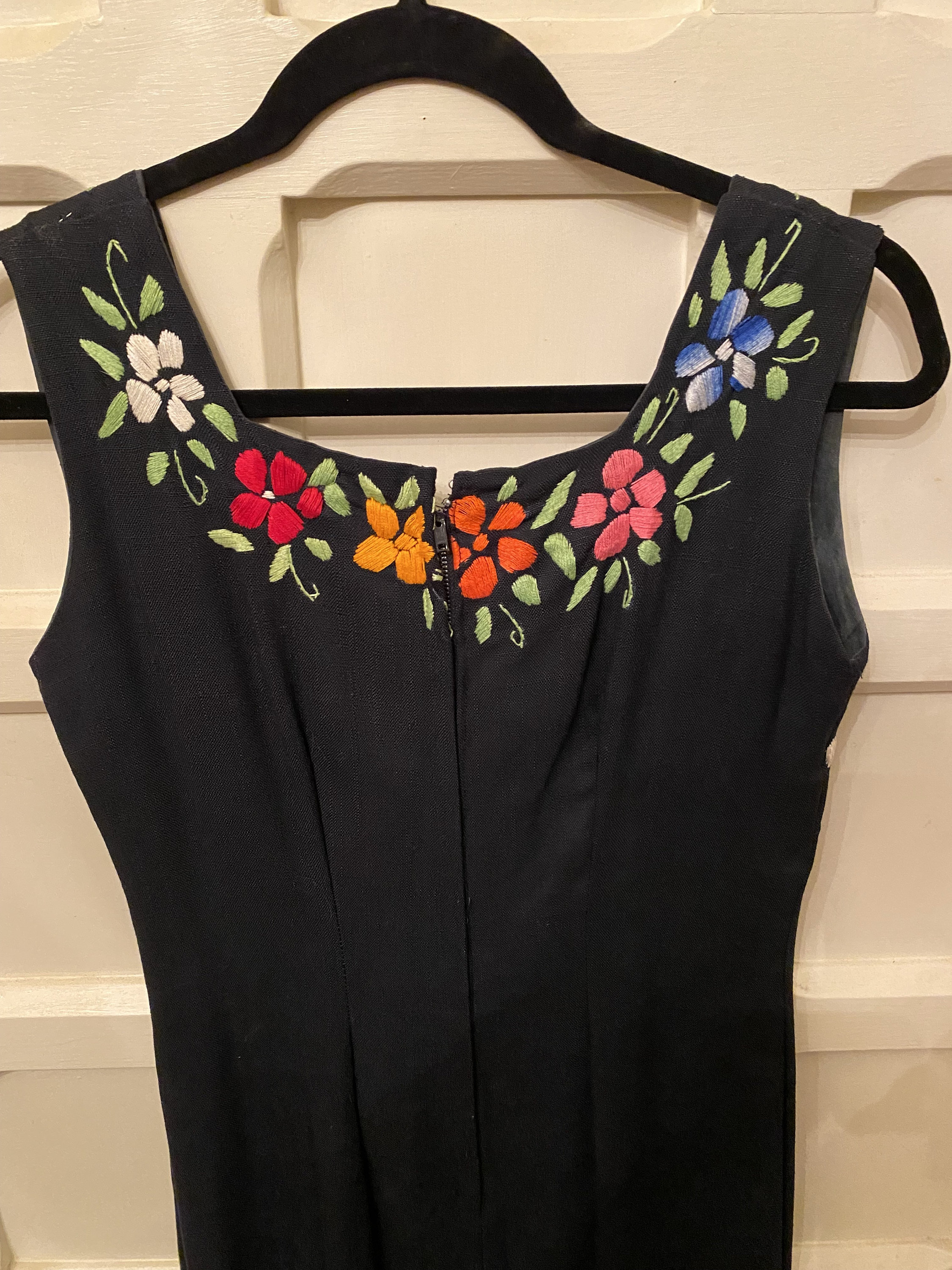 1960s/1970s Black Linen Dress With Floral Detailing L Floral - Etsy