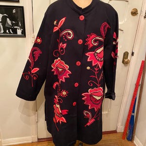 Hand Embroidered Fall Coat With Red Flowers - Etsy