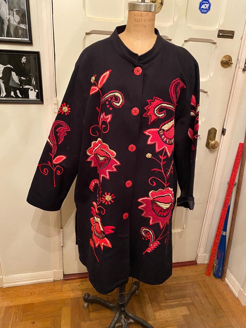 Hand Embroidered Fall Coat With Red Flowers - Etsy